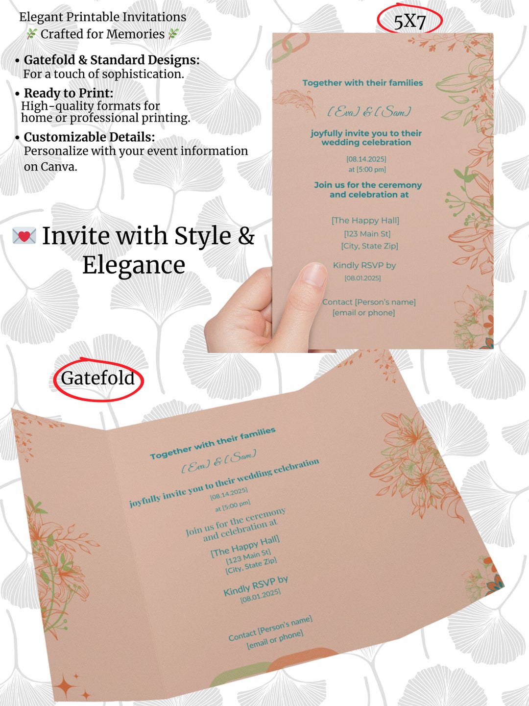 Gatefold Boho Style Wedding Invitation: Elegant 5X7 Card & Gatefold ...