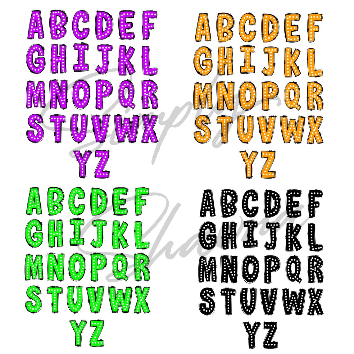 Halloween Alphabet Dots Letters PNG Bundle, Bright Color Palette, 5 ...