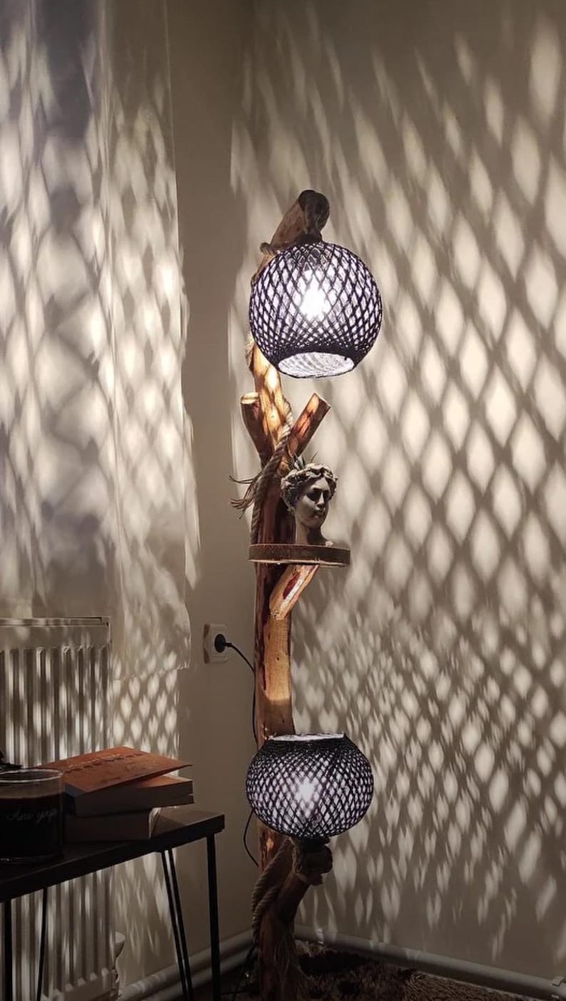 Natural Wood Tree Floor Lamp: Double Globe Lighting, Rustic Decor - Etsy