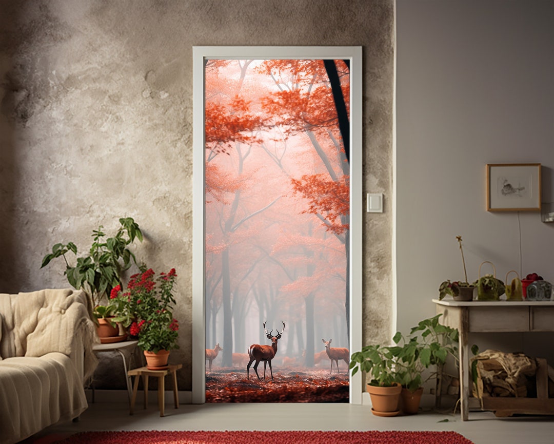 Red Forest Door Decal, Door Vinyl Wrap, Woodland Theme Decor for Door ...