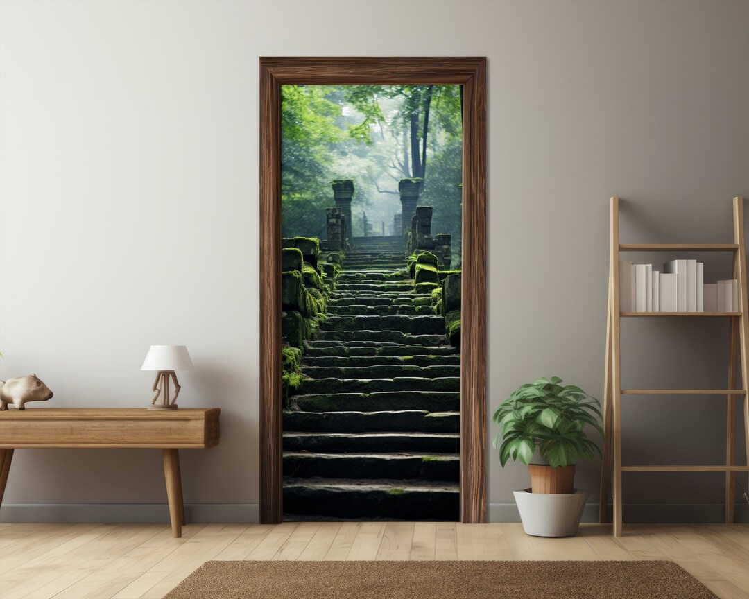 Stairs in Forest Door Mural, Forest Theme for Door, Front Door Fabric ...