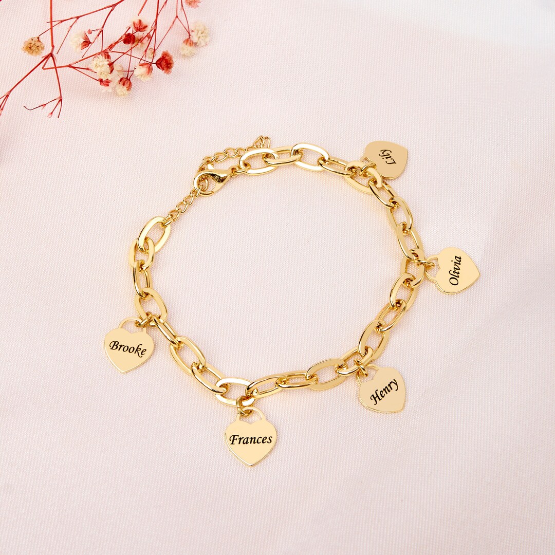 Custom Gold Heart Charms Bracelet, Engraved Multiple Hearts/tags ...