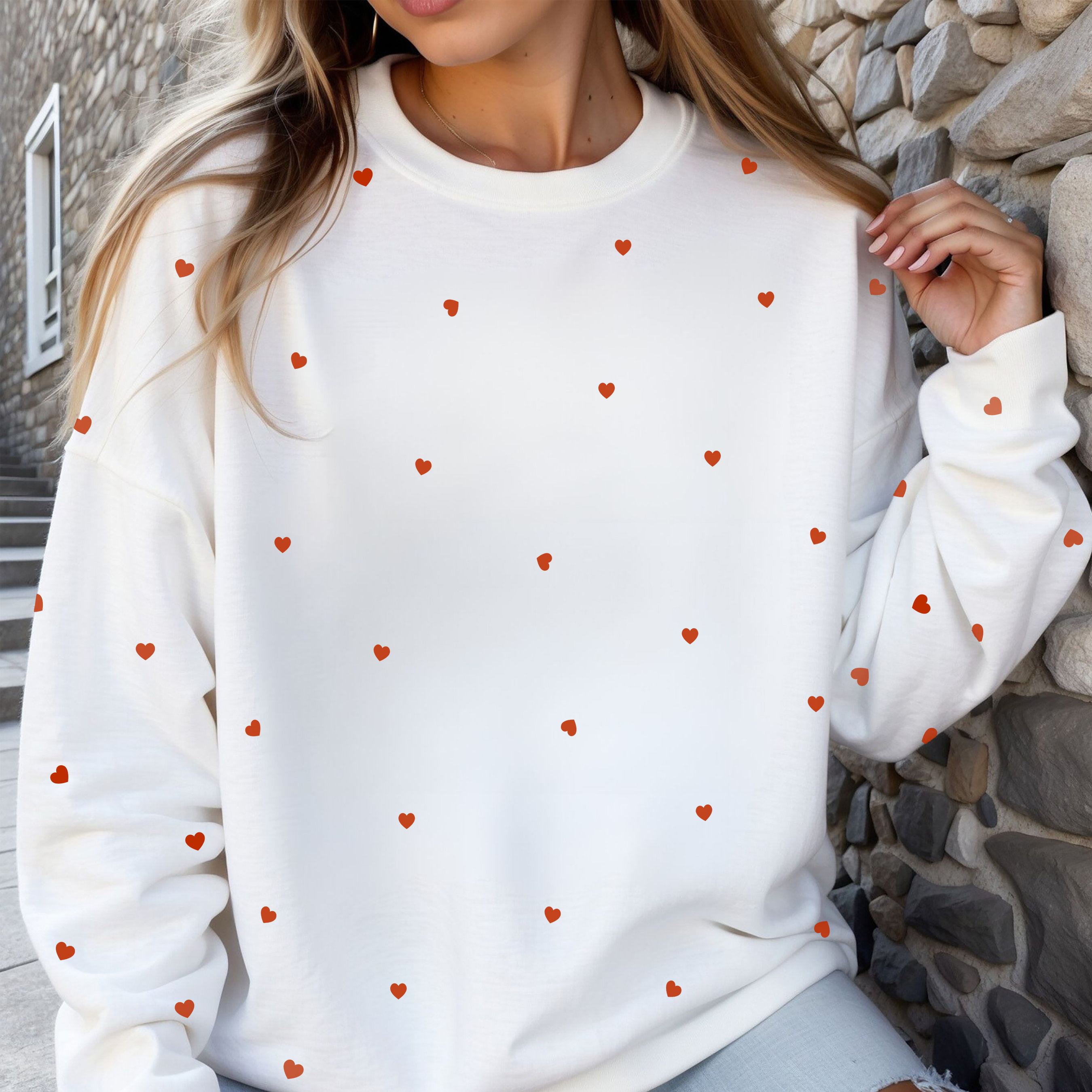 Red Mini Hearts All-over Print AOP Sweatshirt, Mini Hearts Print ...