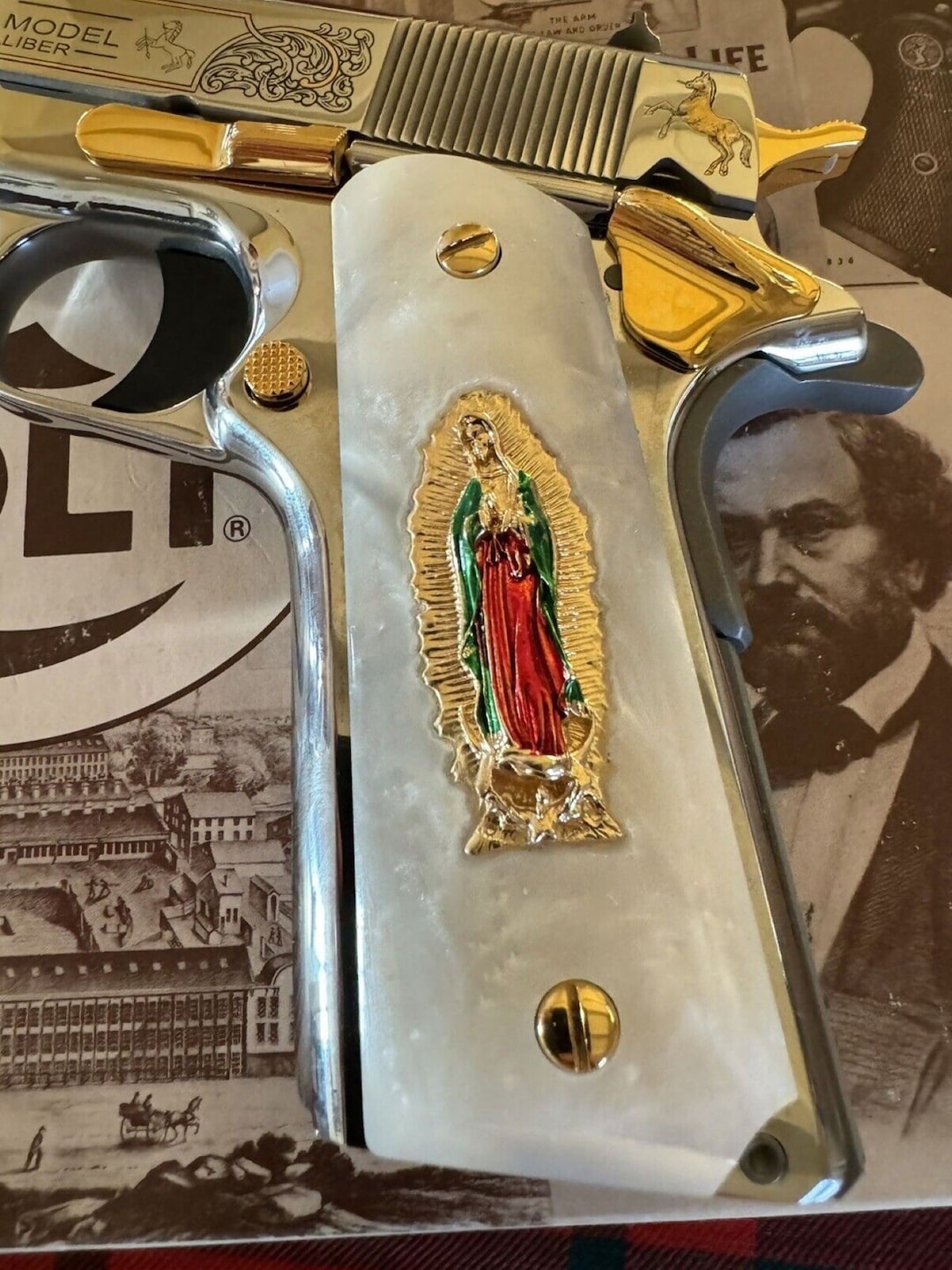 1911 Pearl Grips Engraved Grips Virgin Mary Inlayed 24k Gold - Etsy