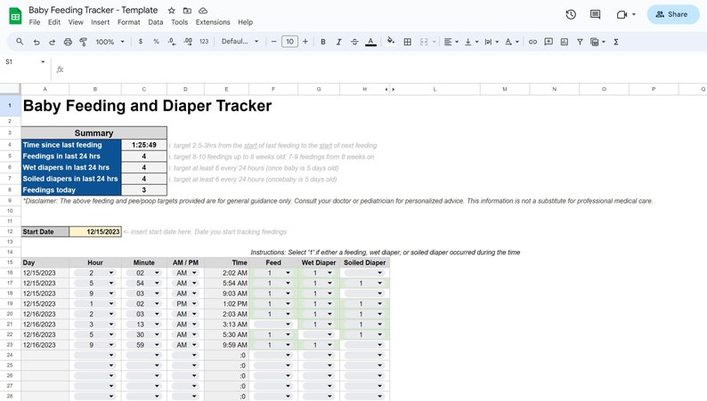 Baby Feeding and Diaper Tracker - Digital Download (google Sheets) - Etsy