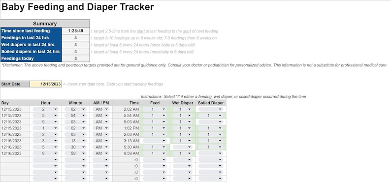 Baby Feeding and Diaper Tracker - Digital Download (google Sheets) - Etsy