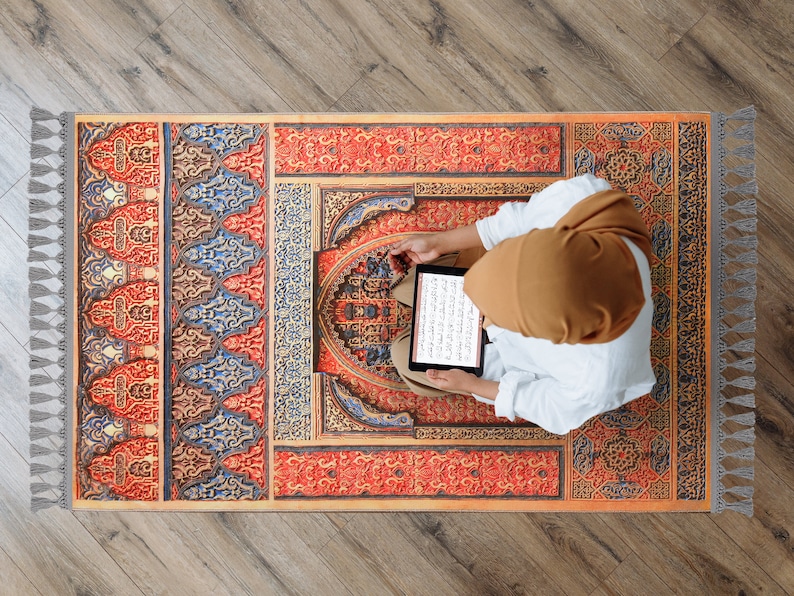 Prayer Rug Traditional Islamic Calligraphy in Soft Blue and Orange ...