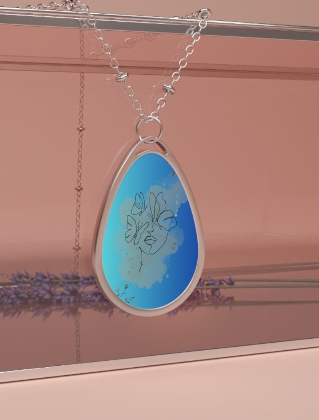 Blue Abstract Oval Pendant, Minimalist Blue Jewelry, Contemporary Blue ...