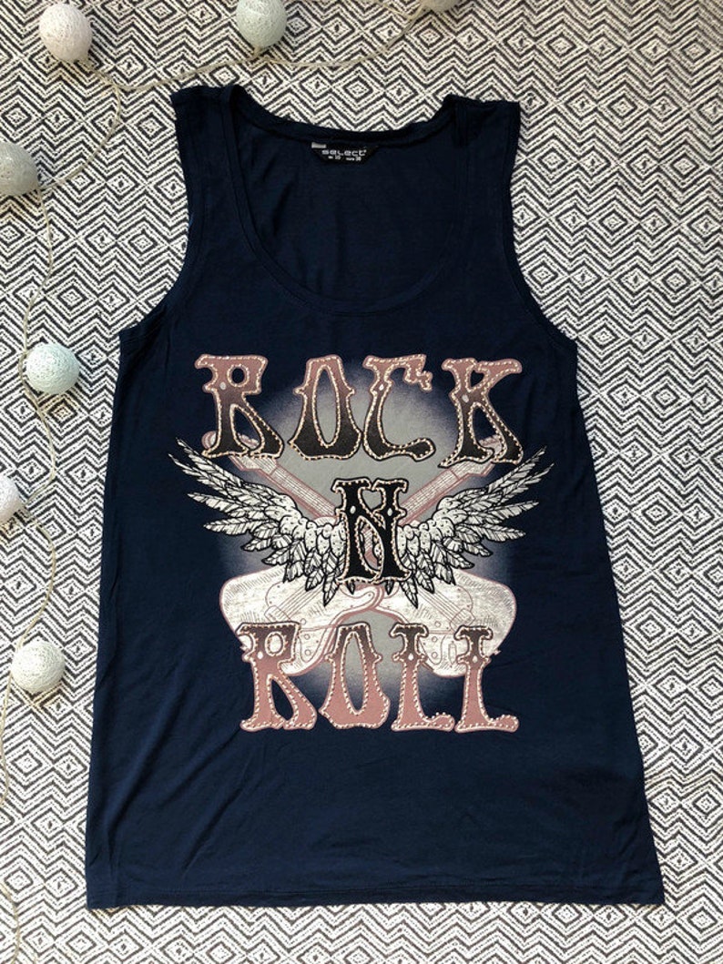 Y2K Style Rock N Roll Graphic Top Vintage Navy Music T-shirt Perfect ...