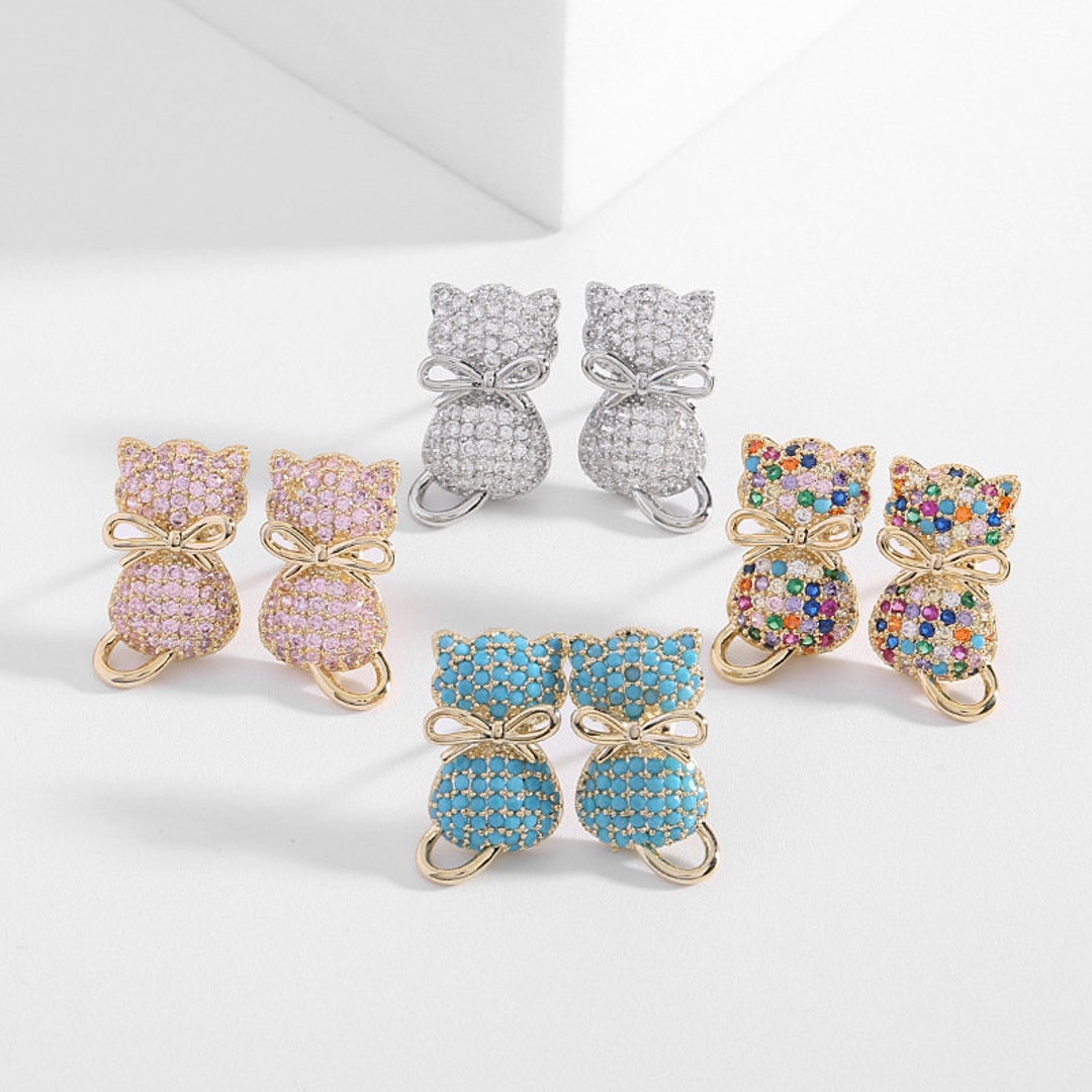 14K Gold Plated Cute Cat Stud Earrings Little Kitten Meow Studs Blue ...