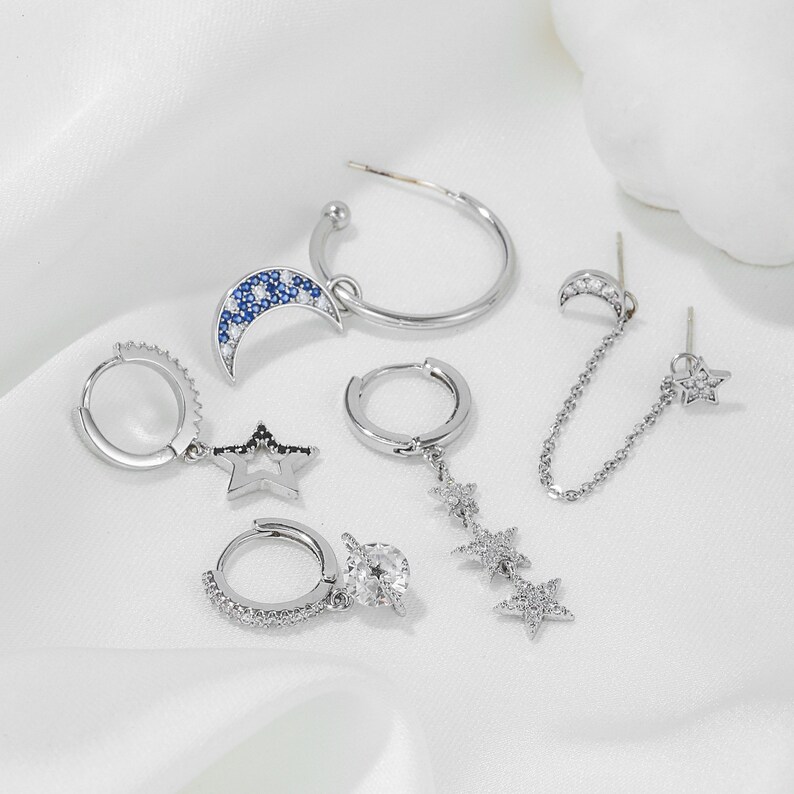 Moon & Star Celestial Ear Stack Set 5 Pcs Minimalist Long Chain Stud ...