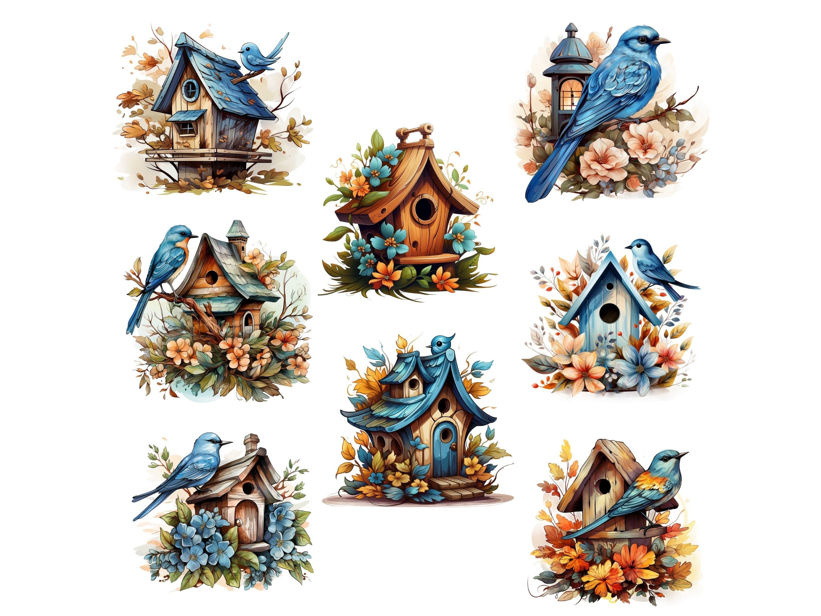 Watercolor Bird Houses Clipart Springtime Cute Birdhouses and Blossoms ...