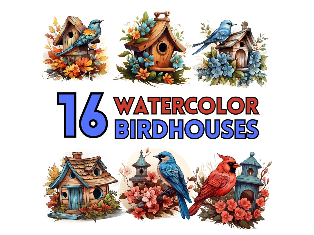 Watercolor Bird Houses Clipart Springtime Cute Birdhouses and Blossoms ...