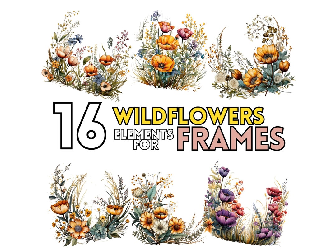 Wildflowers Frames Clipart Wildflower Bouquet PNG Watercolor Flowers Clipart Wedding Invitation ...