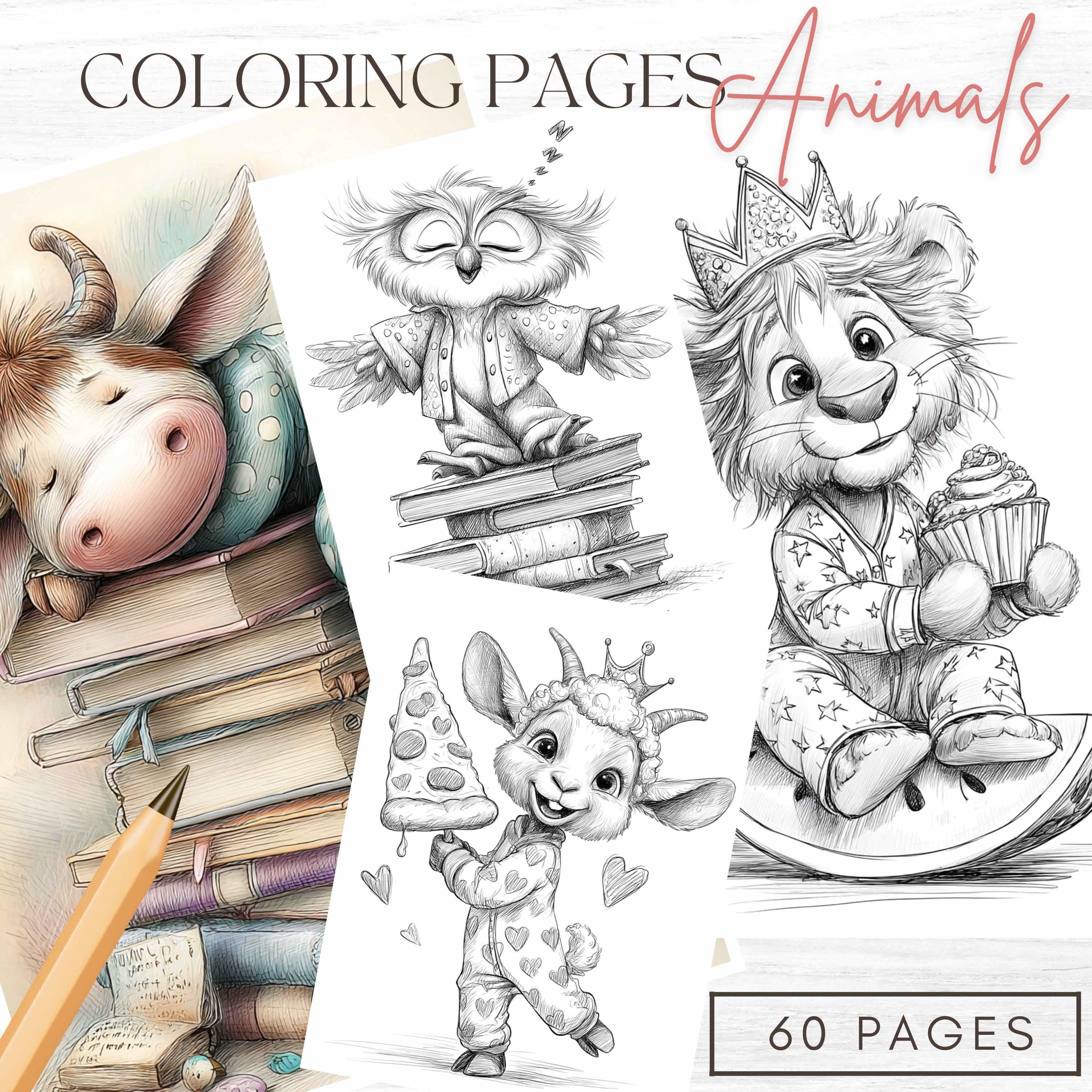Cute Animals Coloring Book, Grayscale Toy-themed Pages (digital ...