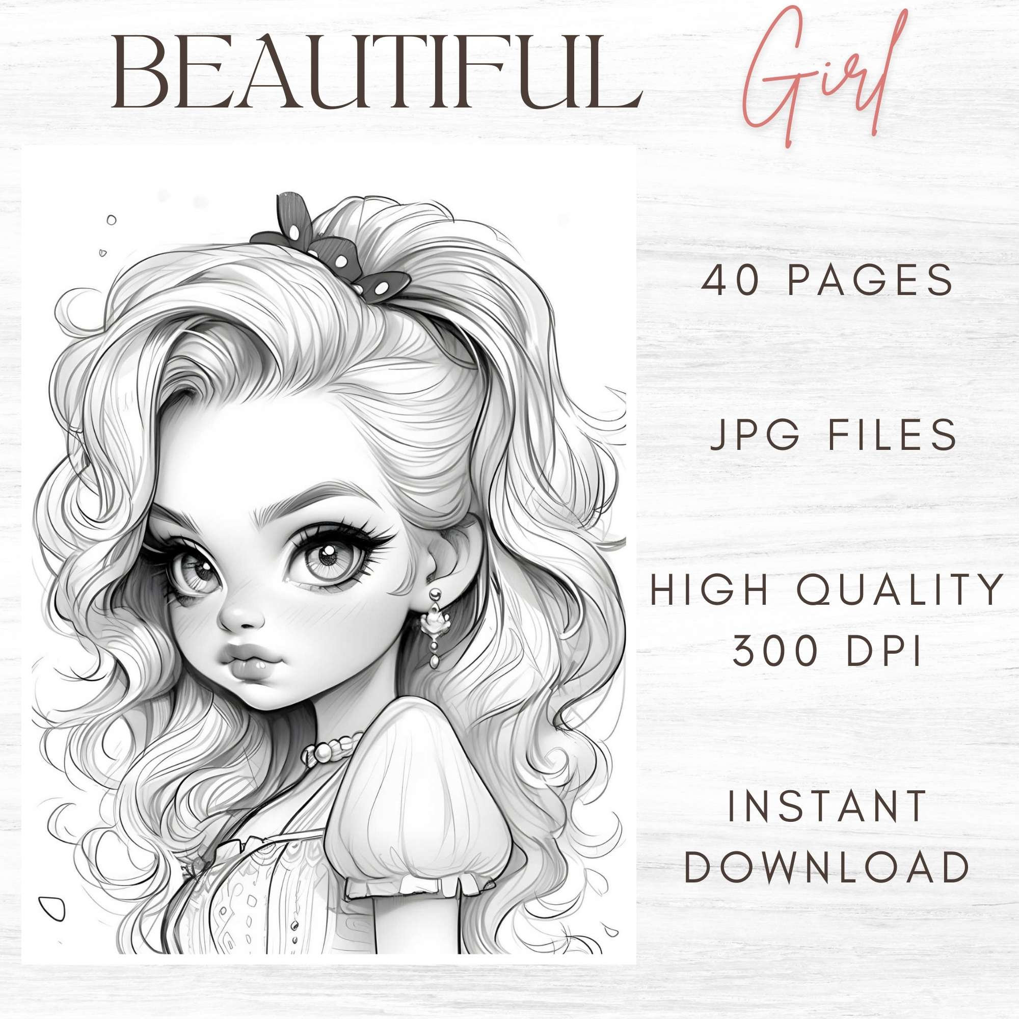 Beautiful Girl Coloring Book Cute Girl Printable JPG Files Beautiful ...