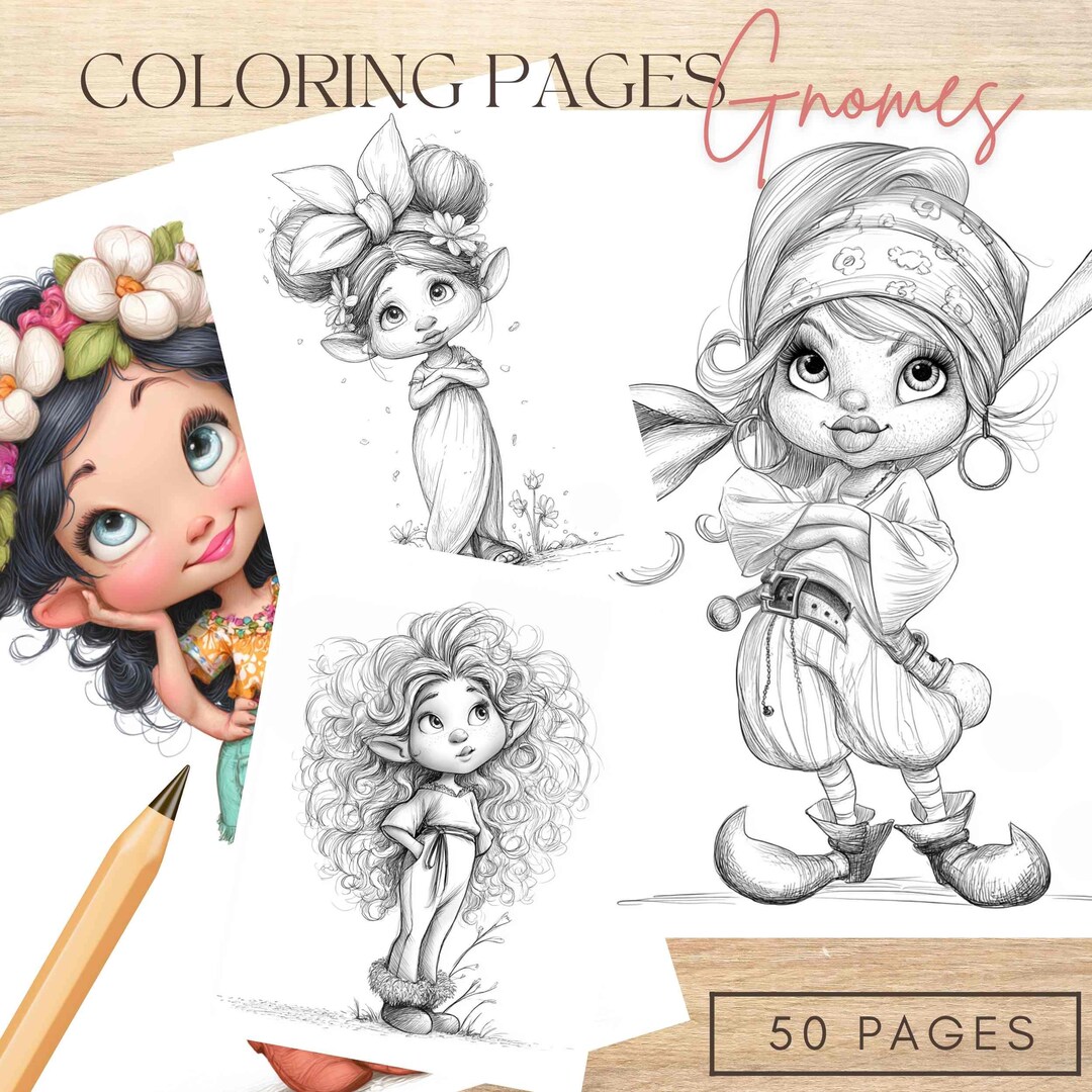 Princess & Gnome Coloring Book, Grayscale Fantasy Art (digital Download ...