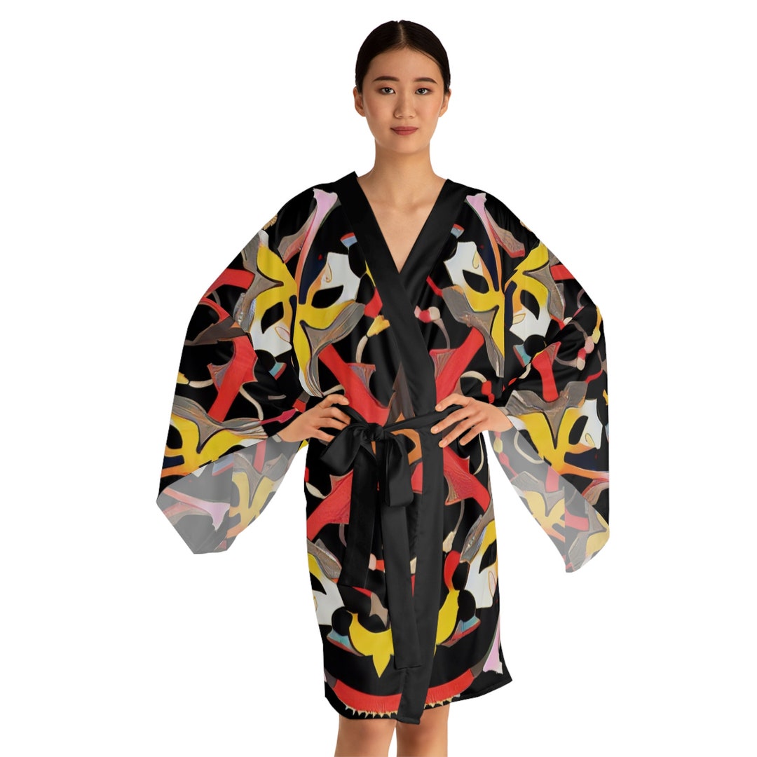 Fiery Fusion Kimono Robe - Bold Abstract Design in Orange, Black, and ...