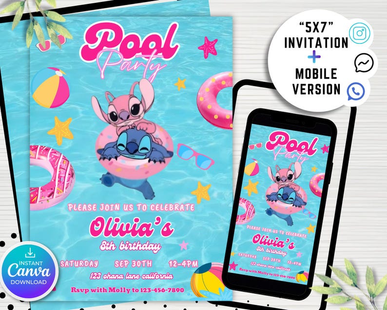 Stitch Pool Party Birthday Invitation for Girl Editable Stitch and ...
