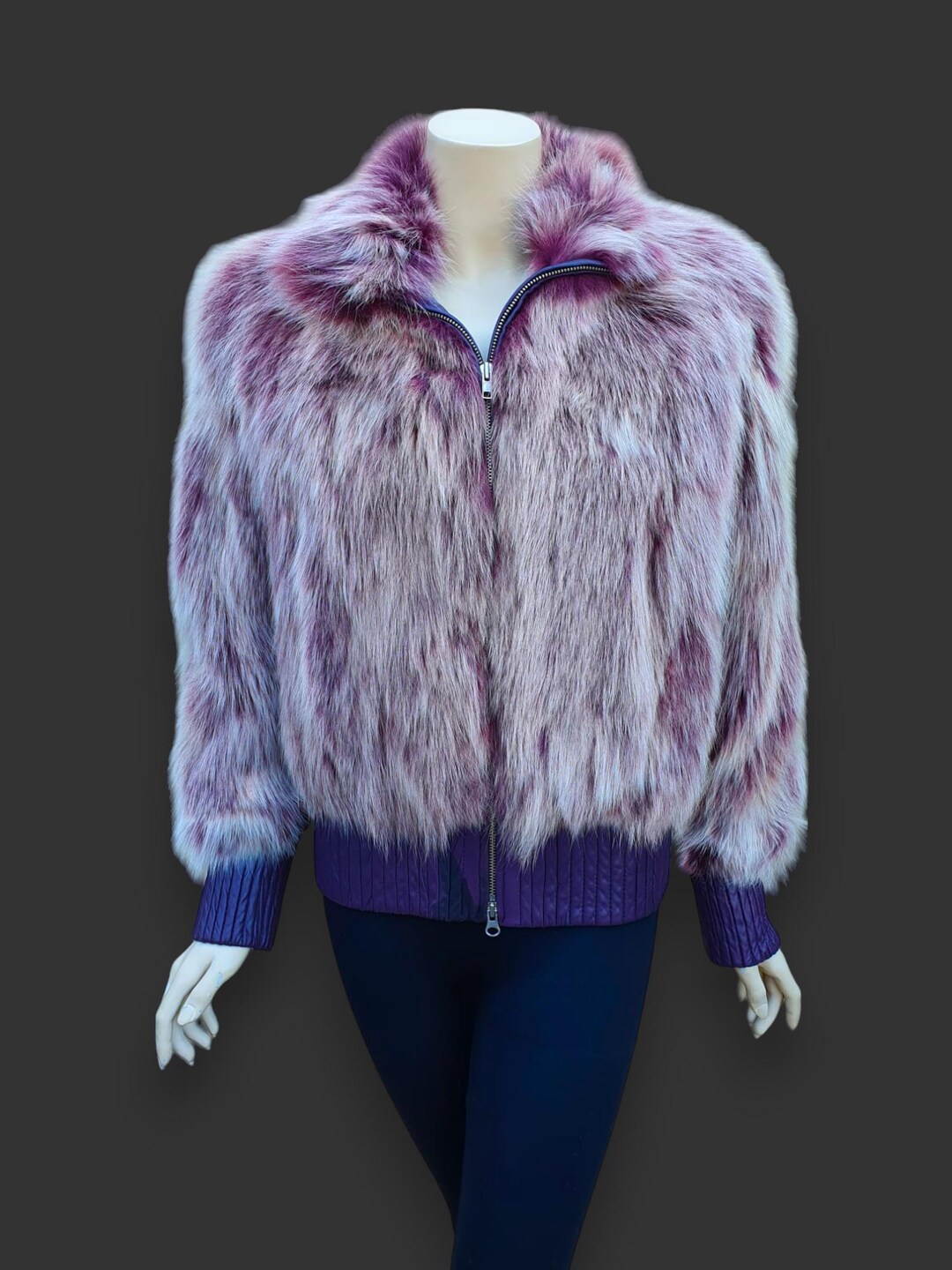 Plum Fox Fur Jacket With Purple Leather Trim Vintage Luxury With Modern ...