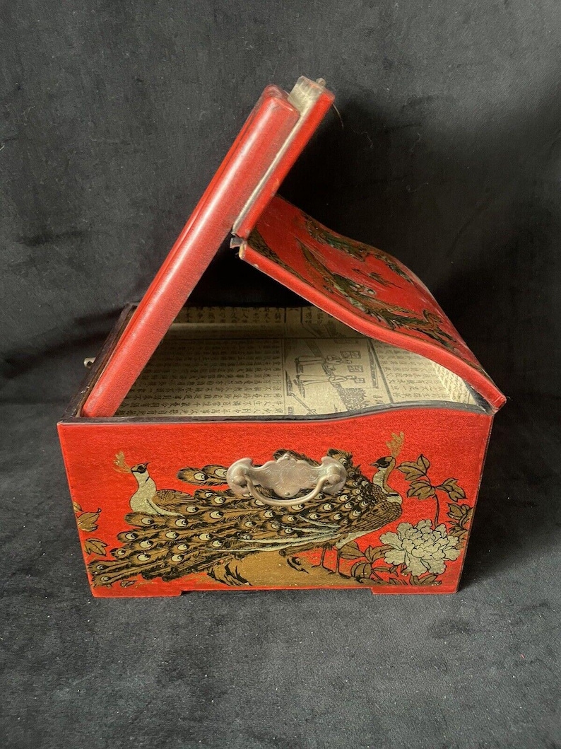 Antique Chinese Phoenix Painted Red Desk Chest Dresser Mirror Two ...