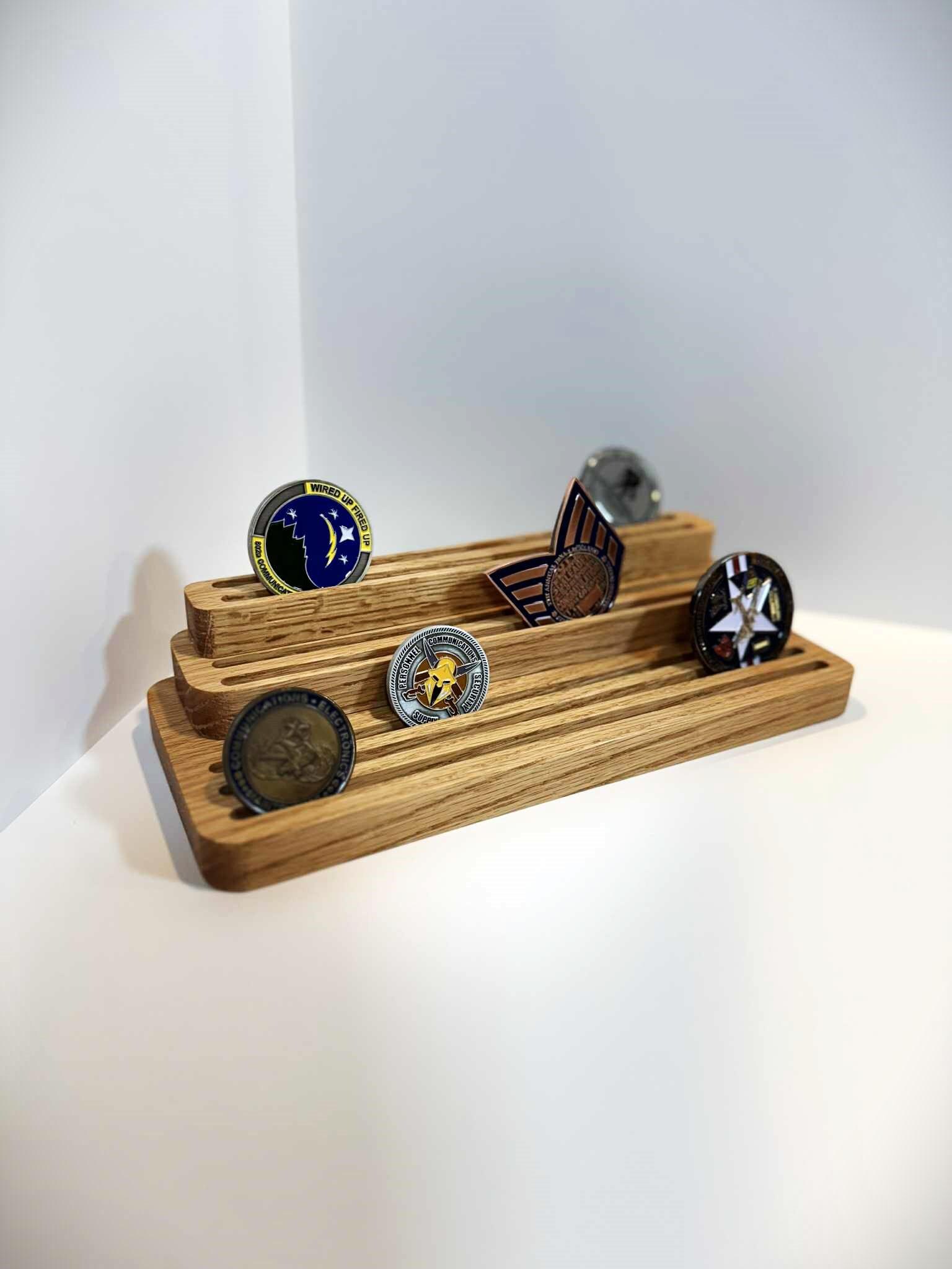 Handcrafted Wooden Challenge Coin Display Stand • 3-tier Oak Coin Rack ...
