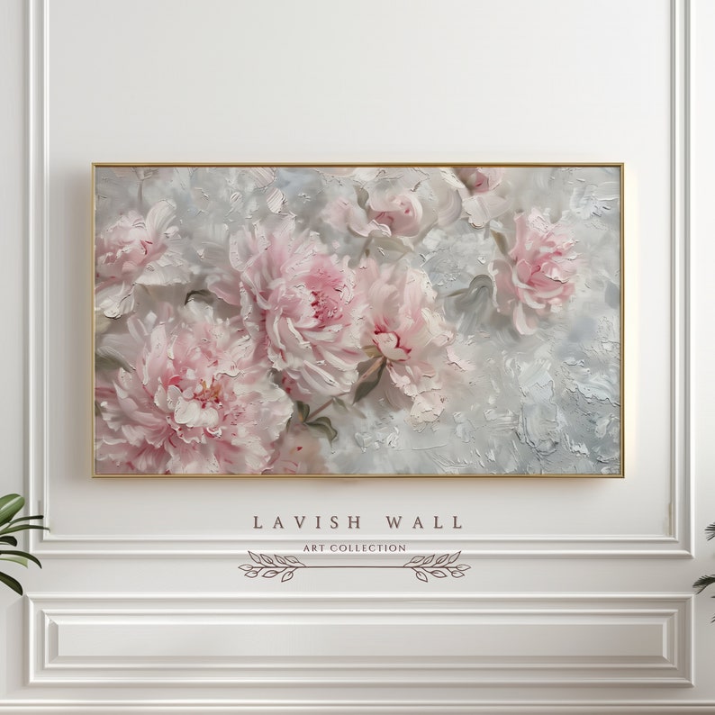 Peonies Painting Frame TV Art Spring, Pink Peonies Painting Floral Oil ...