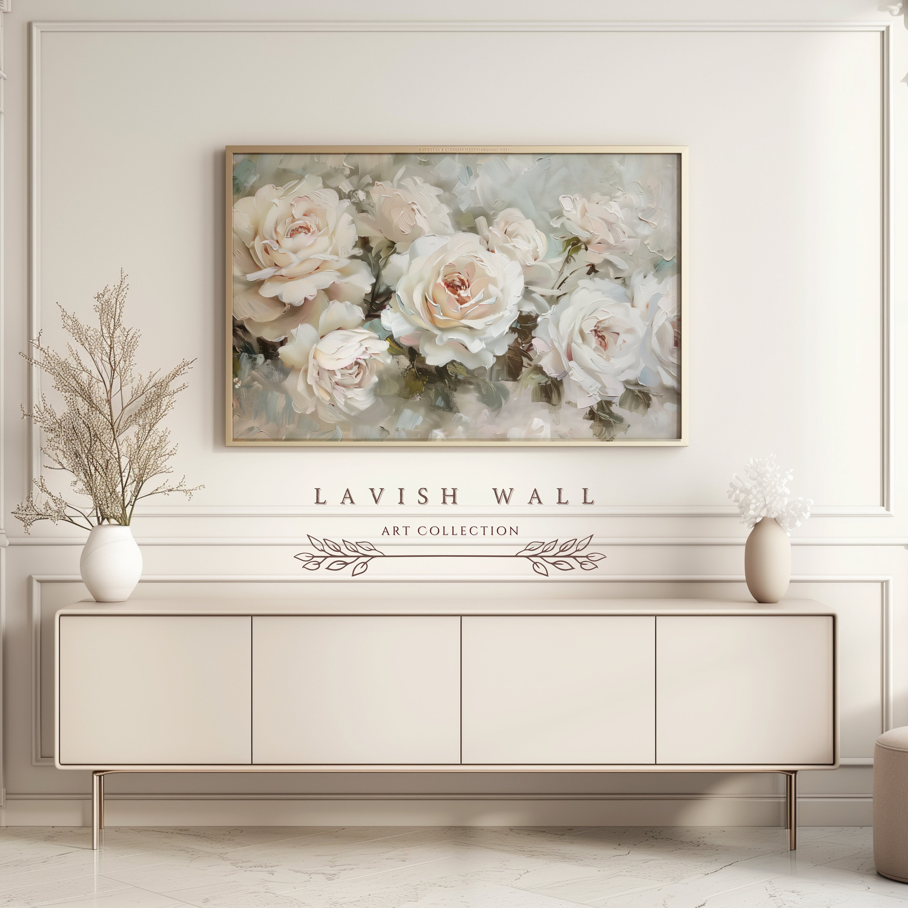 White Roses Painting, Rose Oil Painting Summer Frame TV Art, Moody ...