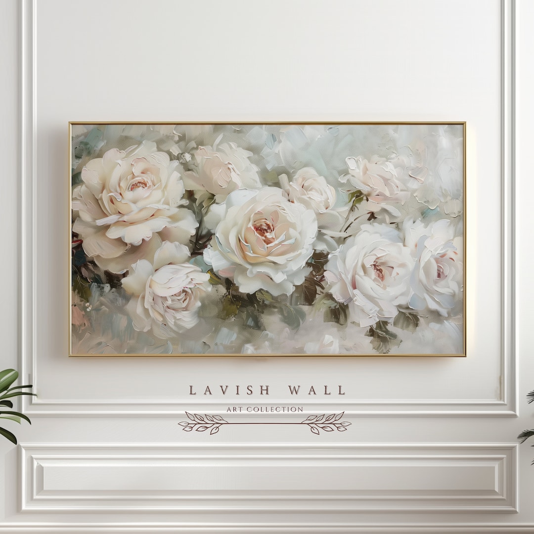 White Roses Painting, Rose Oil Painting Summer Frame TV Art, Moody ...