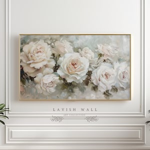 White Roses Painting, Rose Oil Painting Summer Frame TV Art, Moody ...