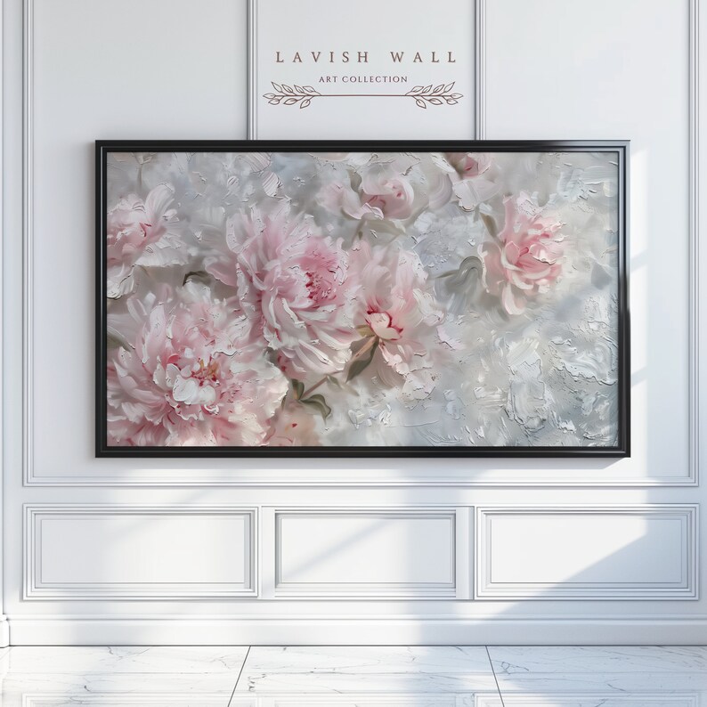 Peonies Painting Frame TV Art Spring, Pink Peonies Painting Floral Oil ...