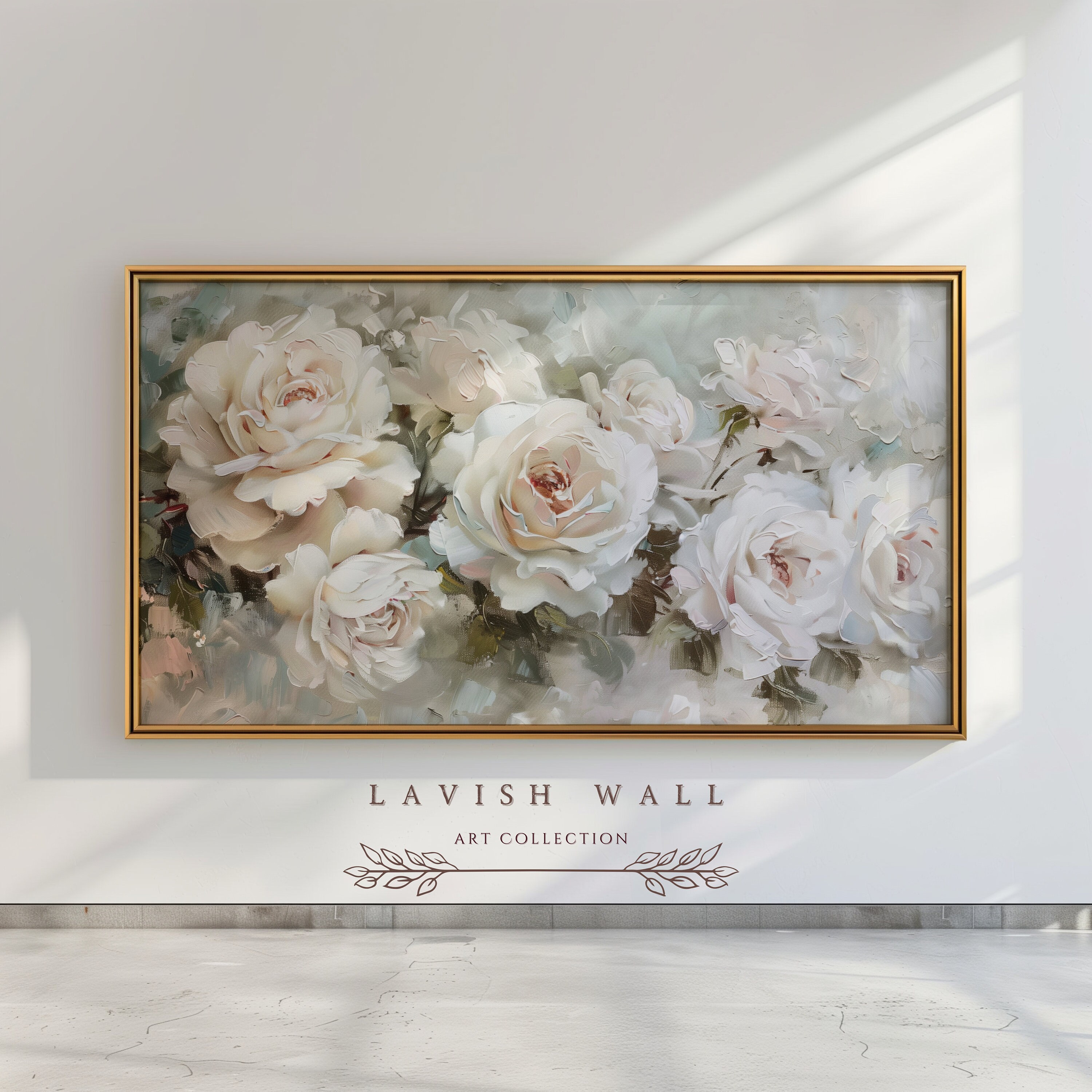White Roses Painting, Rose Oil Painting Summer Frame TV Art, Moody ...