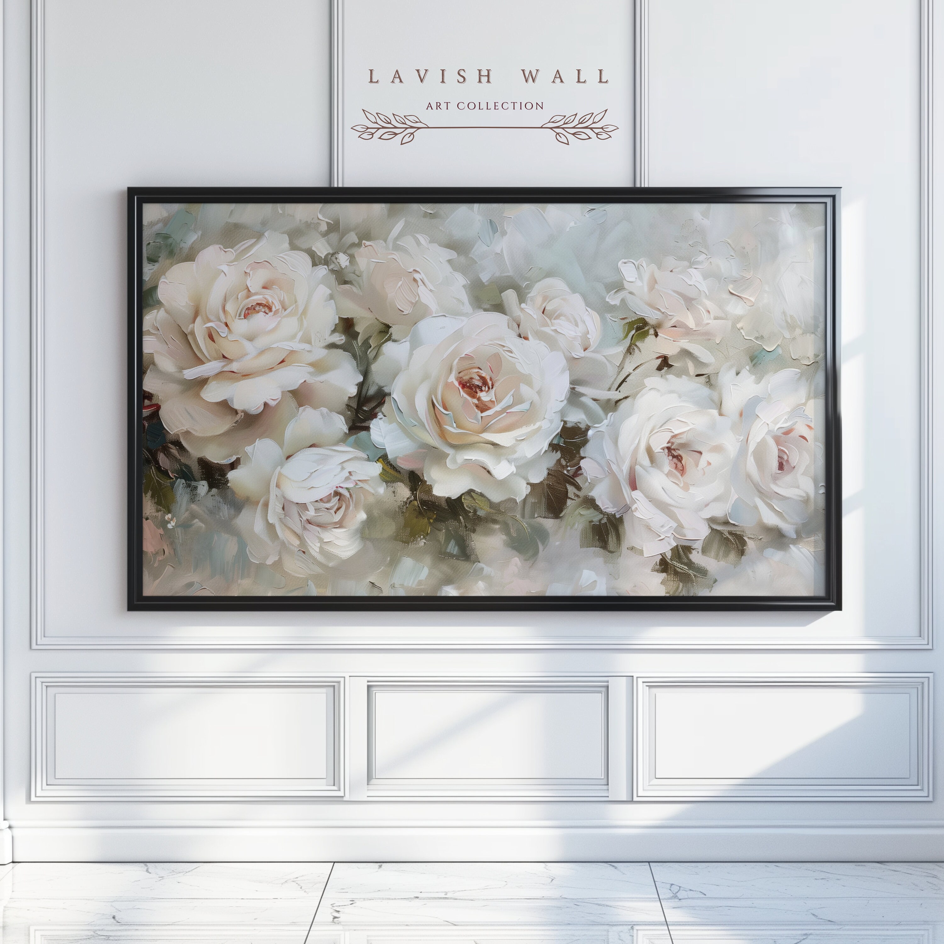 White Roses Painting, Rose Oil Painting Summer Frame TV Art, Moody ...