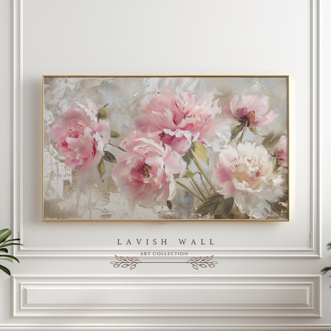 Peonies Painting Frame TV Art Spring, Pink Peonies Painting Floral Oil ...