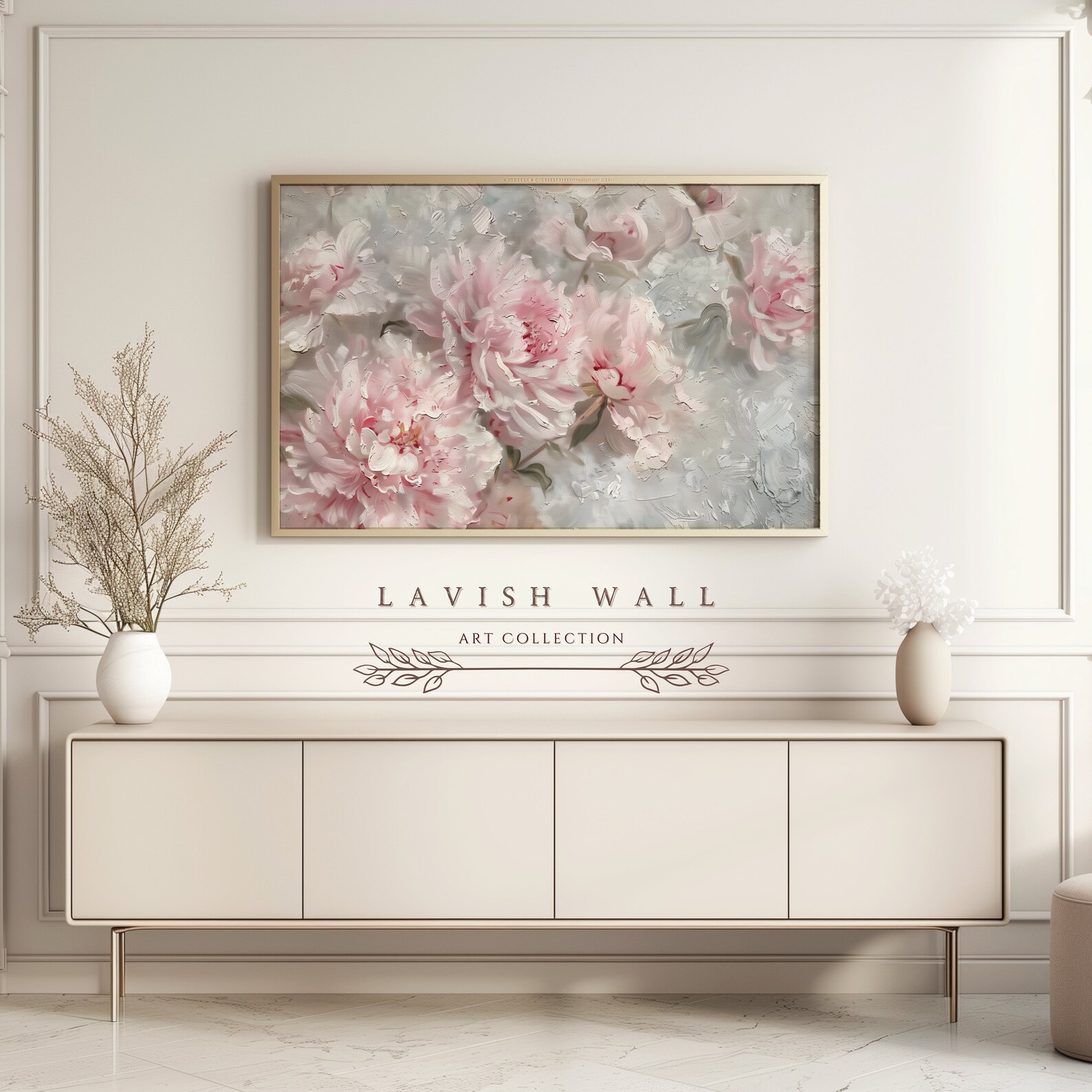 Peonies Painting Frame TV Art Spring, Pink Peonies Painting Floral Oil ...