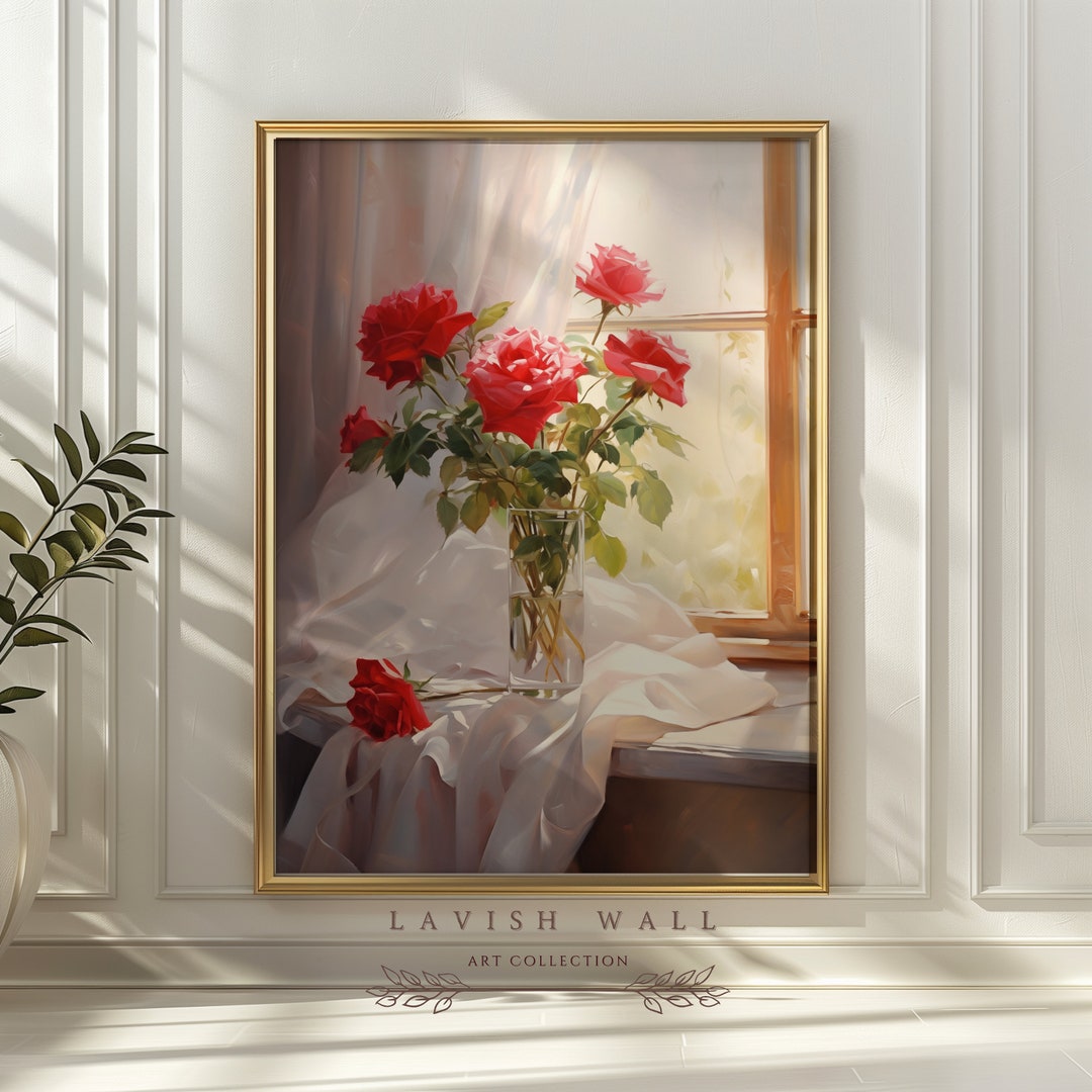 Rose Oil Painting Printable Wall Art, Red Roses Floral Oil Painting ...