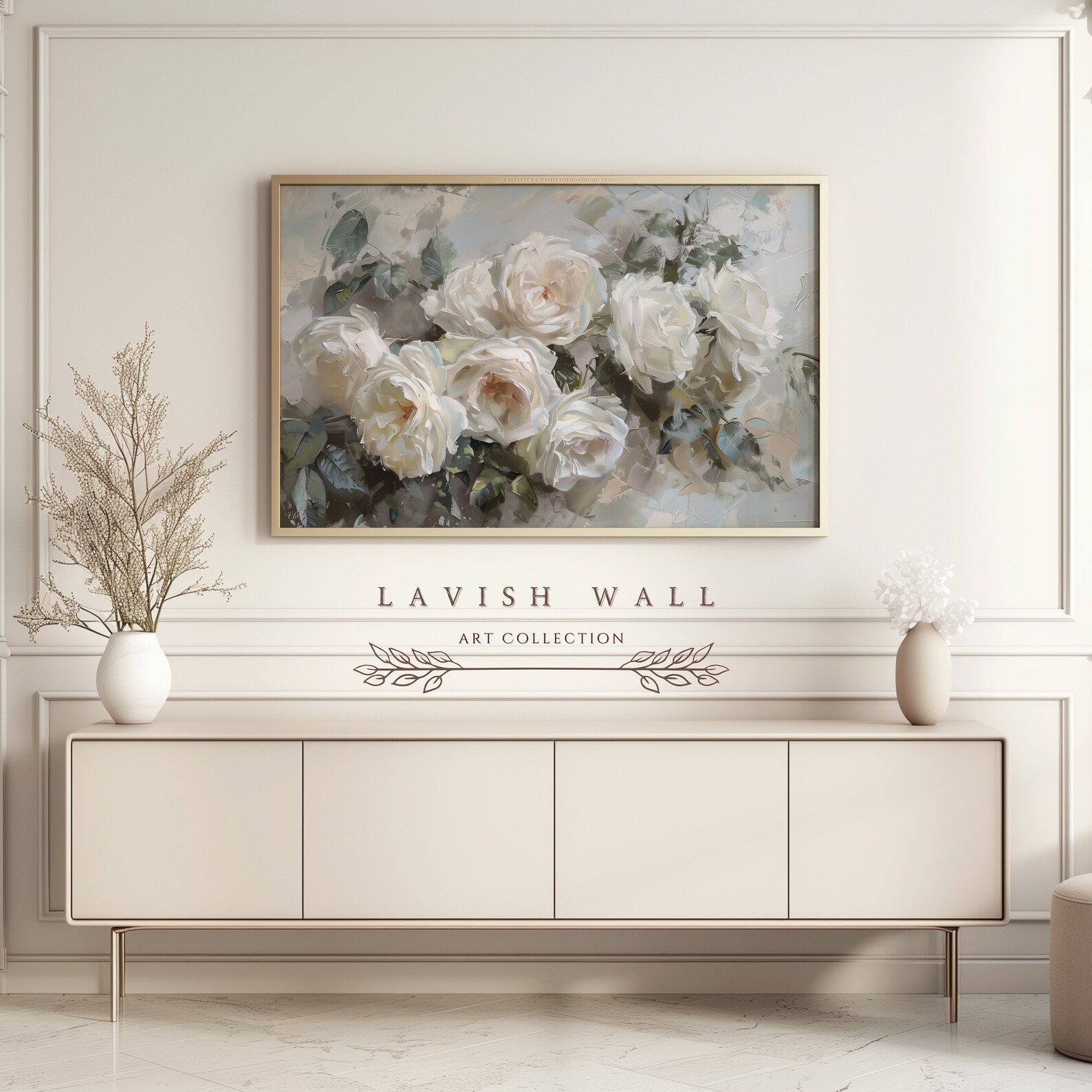 White Roses Painting, Rose Oil Painting Summer Frame TV Art, Moody ...