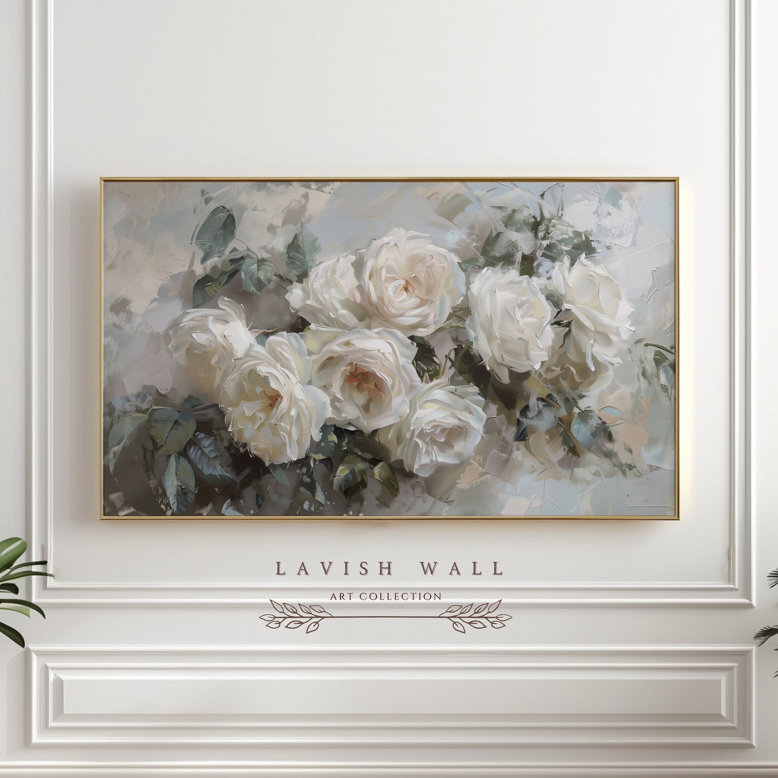 White Roses Painting, Rose Oil Painting Summer Frame TV Art, Moody ...
