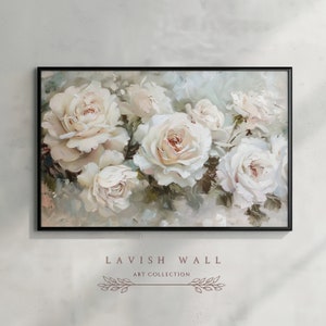 White Roses Painting, Rose Oil Painting Summer Frame TV Art, Moody ...