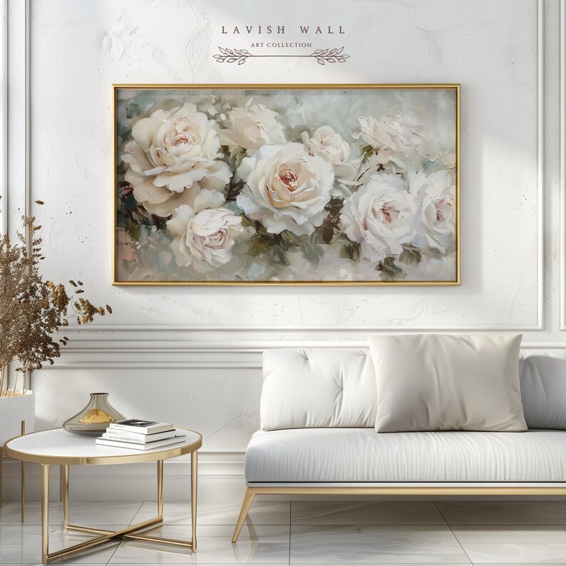 White Roses Painting, Rose Oil Painting Summer Frame TV Art, Moody ...