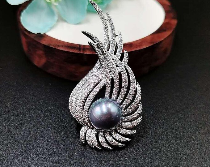Angel Wing Pearl Brooch: 18K White Gold Lapel Pin - Etsy