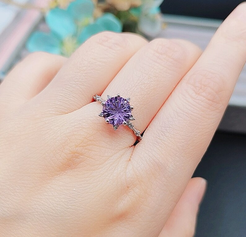 Dainty Amethyst Quartz Ring 925 Sterling Silver 8MM Purple Gemstone ...