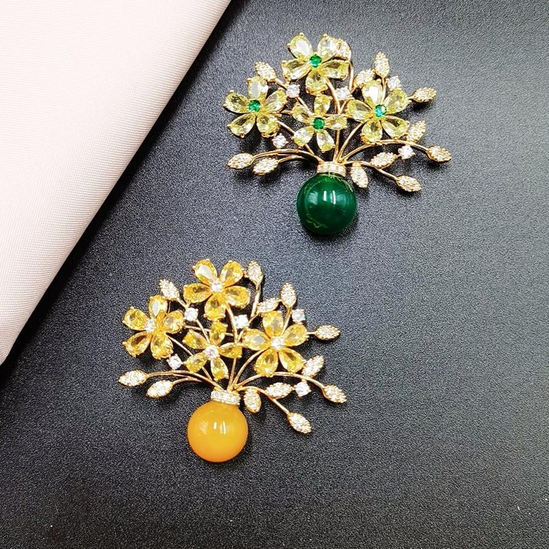 18K Gold Plated Flower Vase Brooch: CZ & Natural Stone Lapel Pin - Etsy