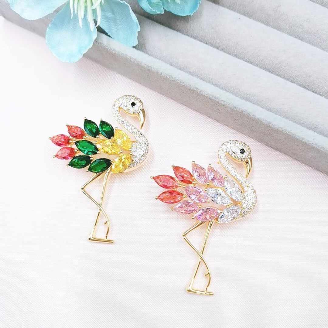 Colorful Flamingo Brooch: 18K Gold Plated, CZ Lapel Pin - Etsy