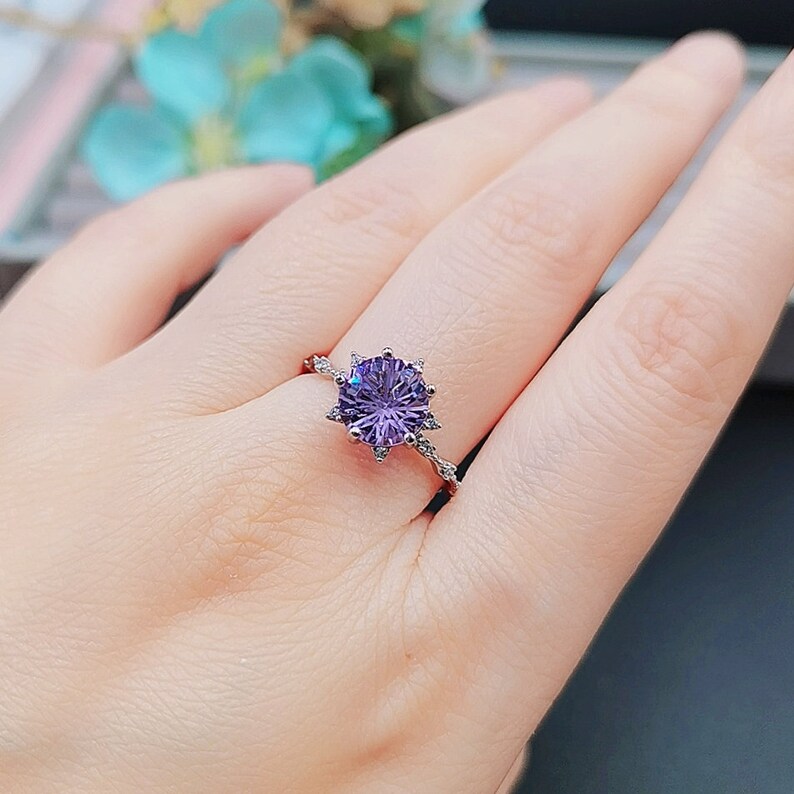 Dainty Amethyst Quartz Ring 925 Sterling Silver 8MM Purple Gemstone ...