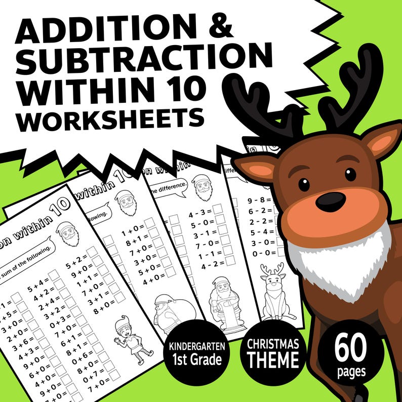 60 Printable Christmas Theme Addition and Subtraction Within 10 ...
