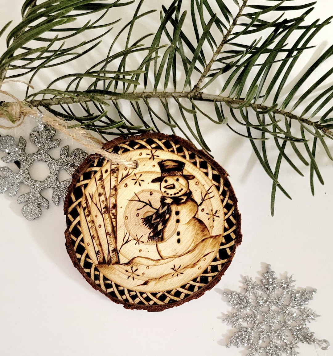 Snowman Woodburned Ornament, Winter Pyrography Ornament, Snowman ...