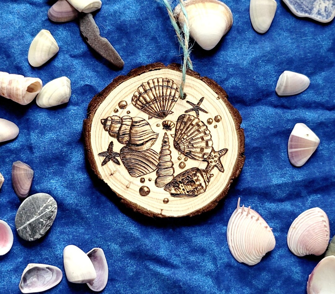 Seashells Starfish Woodburned Ornament, Ocean Pyrography Ornament ...