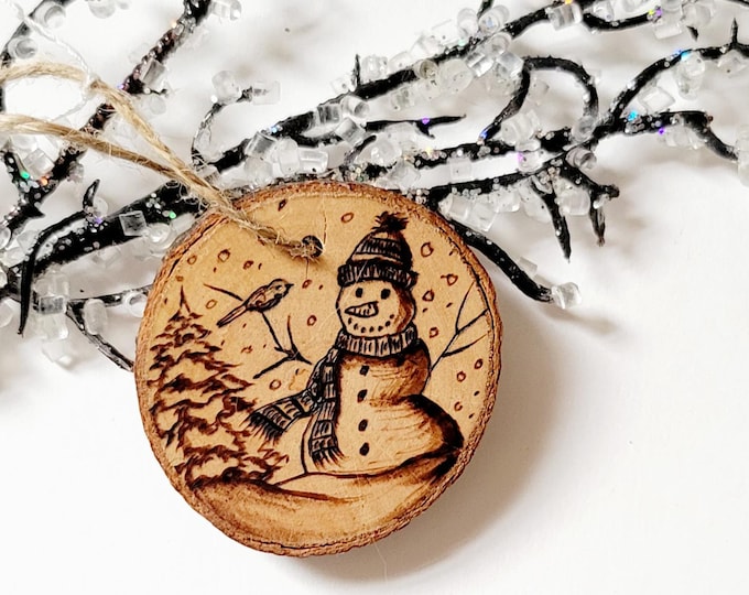 Snowman Ornament, Cozy Rustic Christmas, Snowman Pyrography, Winter ...