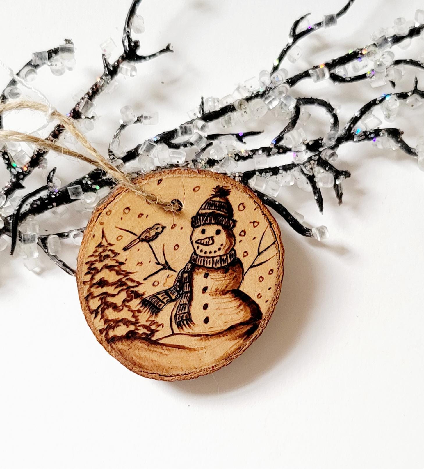 Snowman Ornament, Cozy Rustic Christmas, Snowman Pyrography, Winter ...